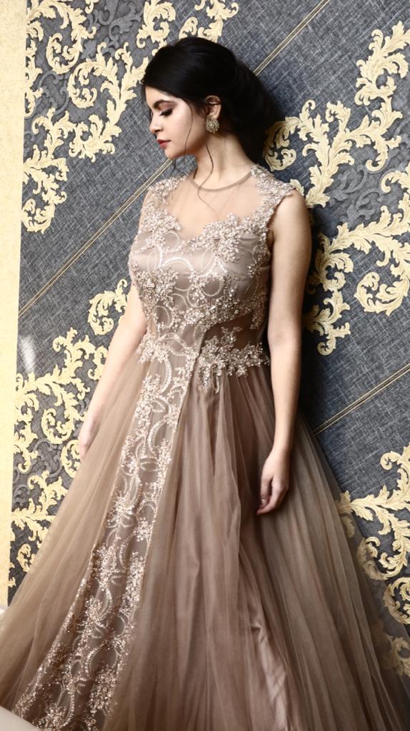Beige Flared Net Gown with silver handwork – Nikhat Designers Boutique