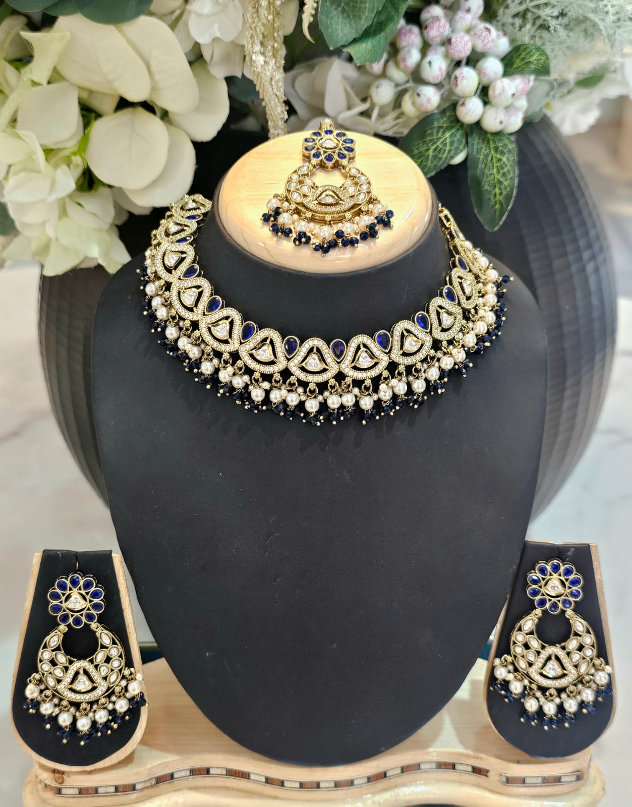 Navy blue round choker with navy and white pearl hanging – Nikhat ...