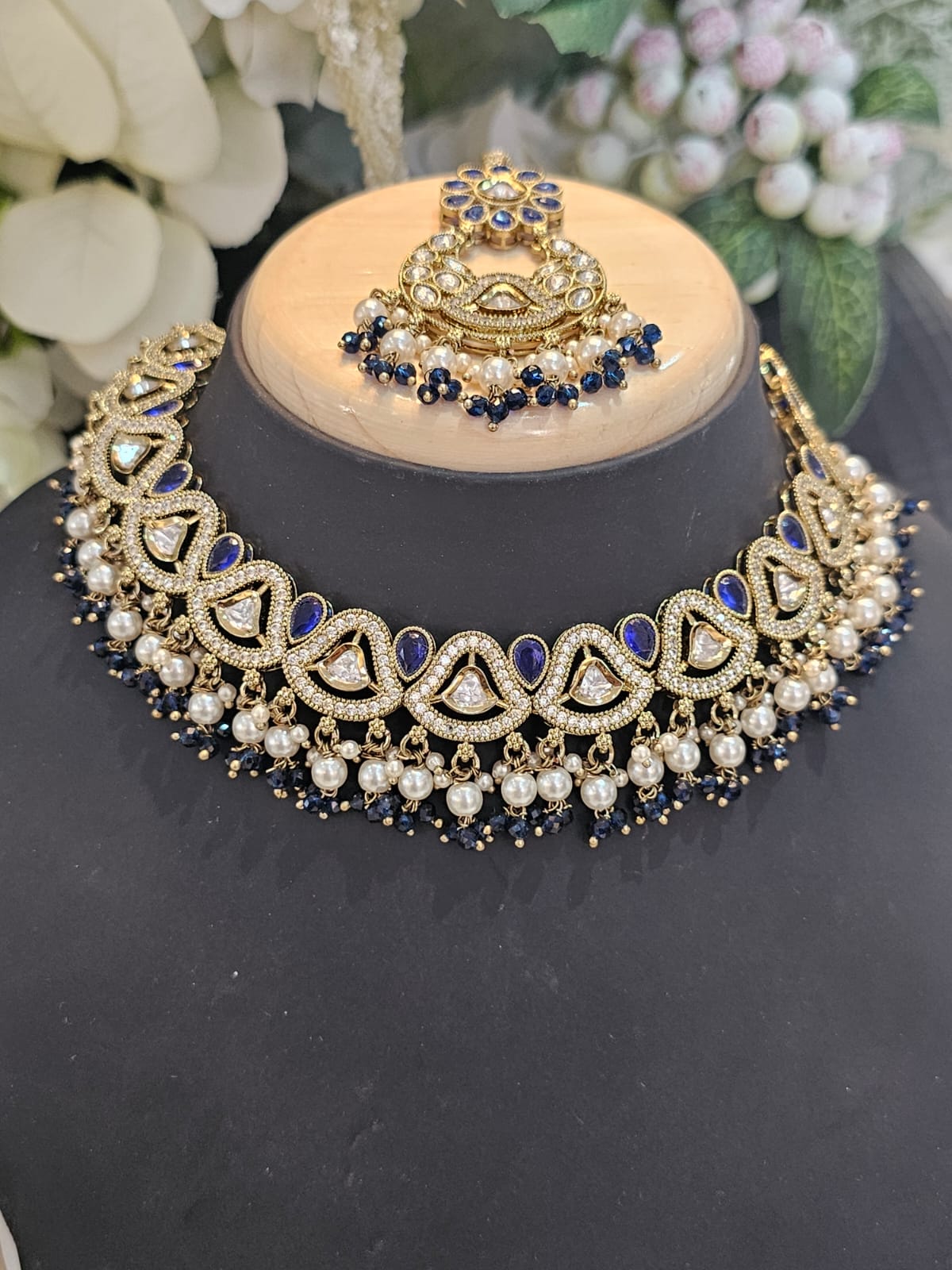 Navy blue round choker with navy and white pearl hanging – Nikhat ...