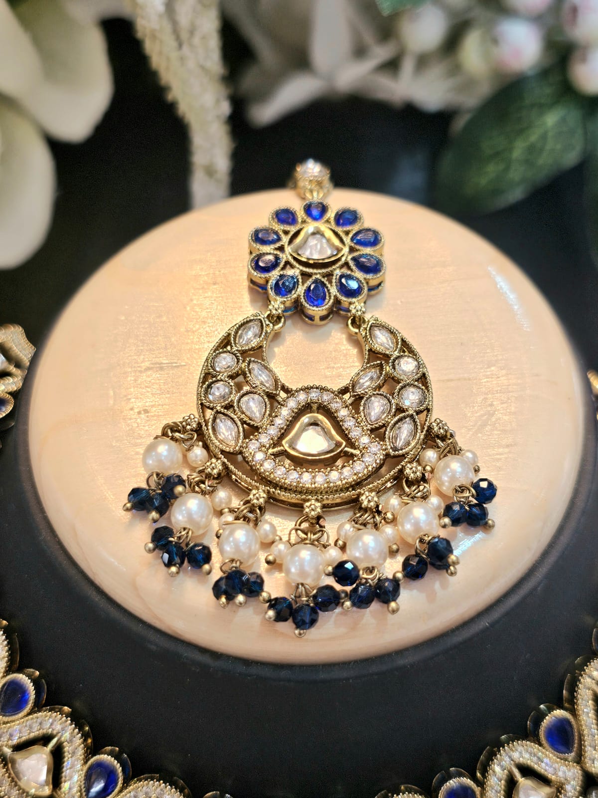 Navy blue round choker with navy and white pearl hanging – Nikhat ...