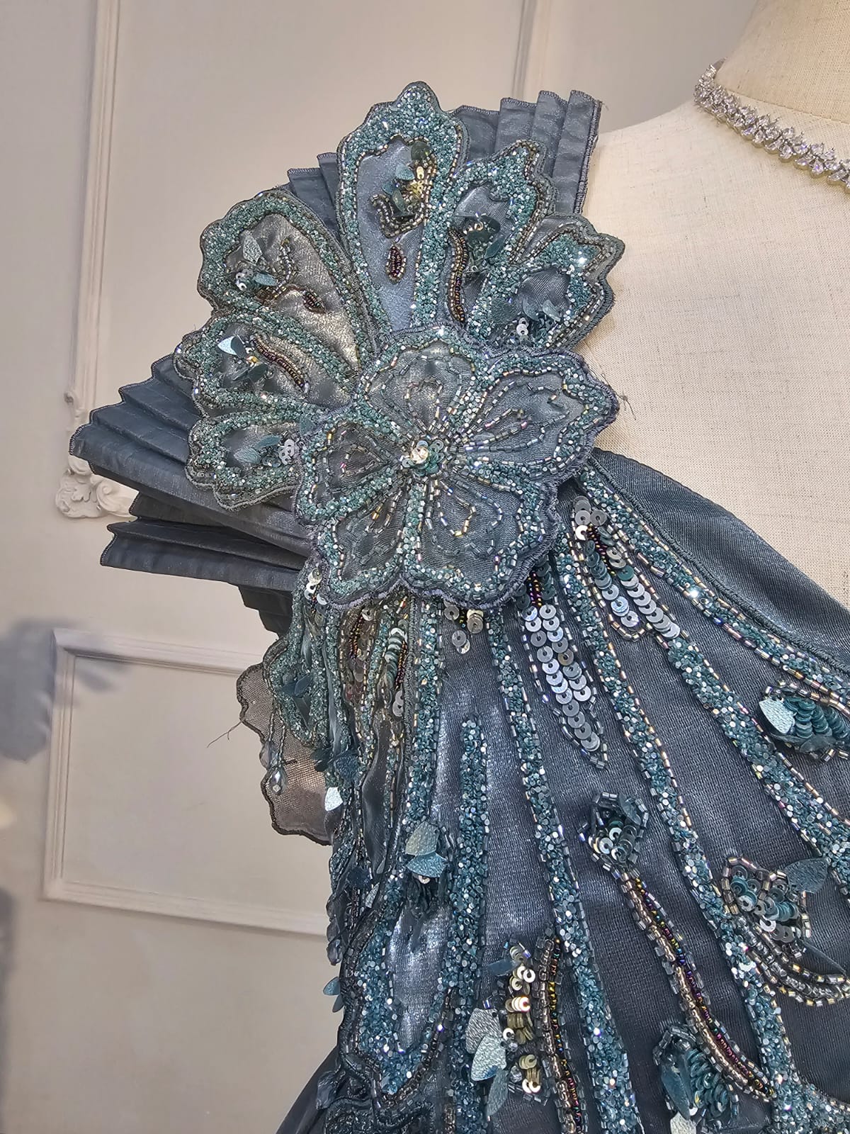 Ice blue grey glass tissue orgenza gown with 3D flower work – Nikhat ...